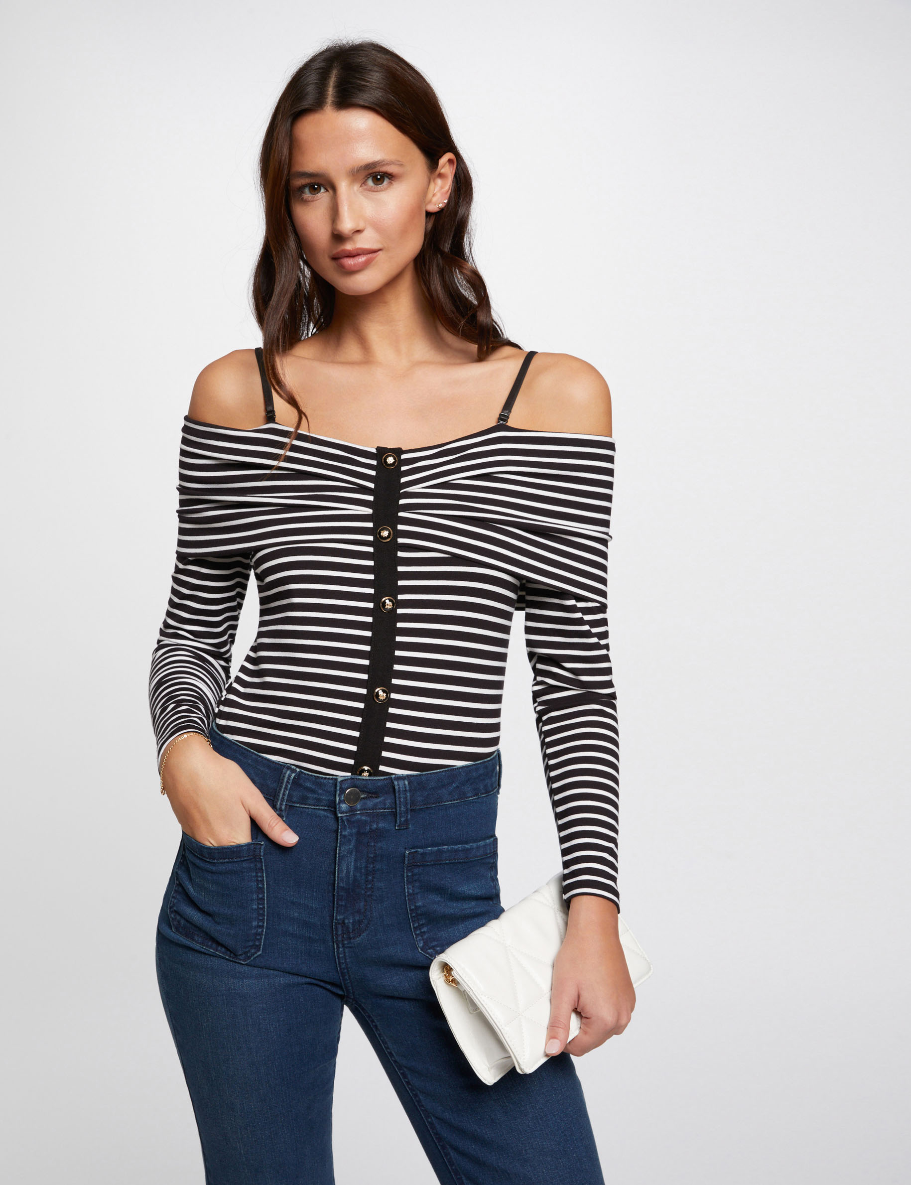 Striped Long Sleeved T Shirt Ecru Ladies Morgan