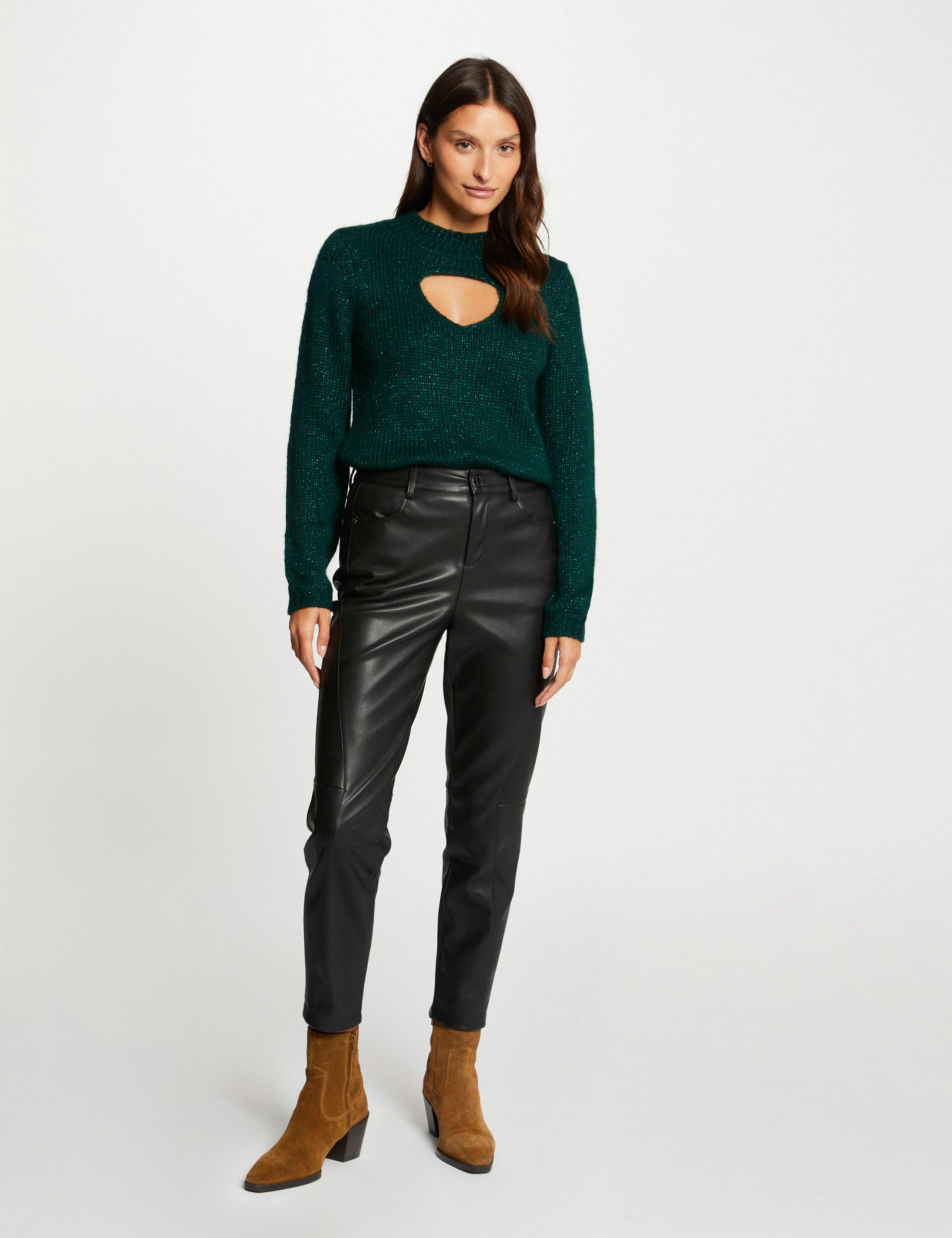Long-sleeved jumper with opening dark green ladies' | Morgan