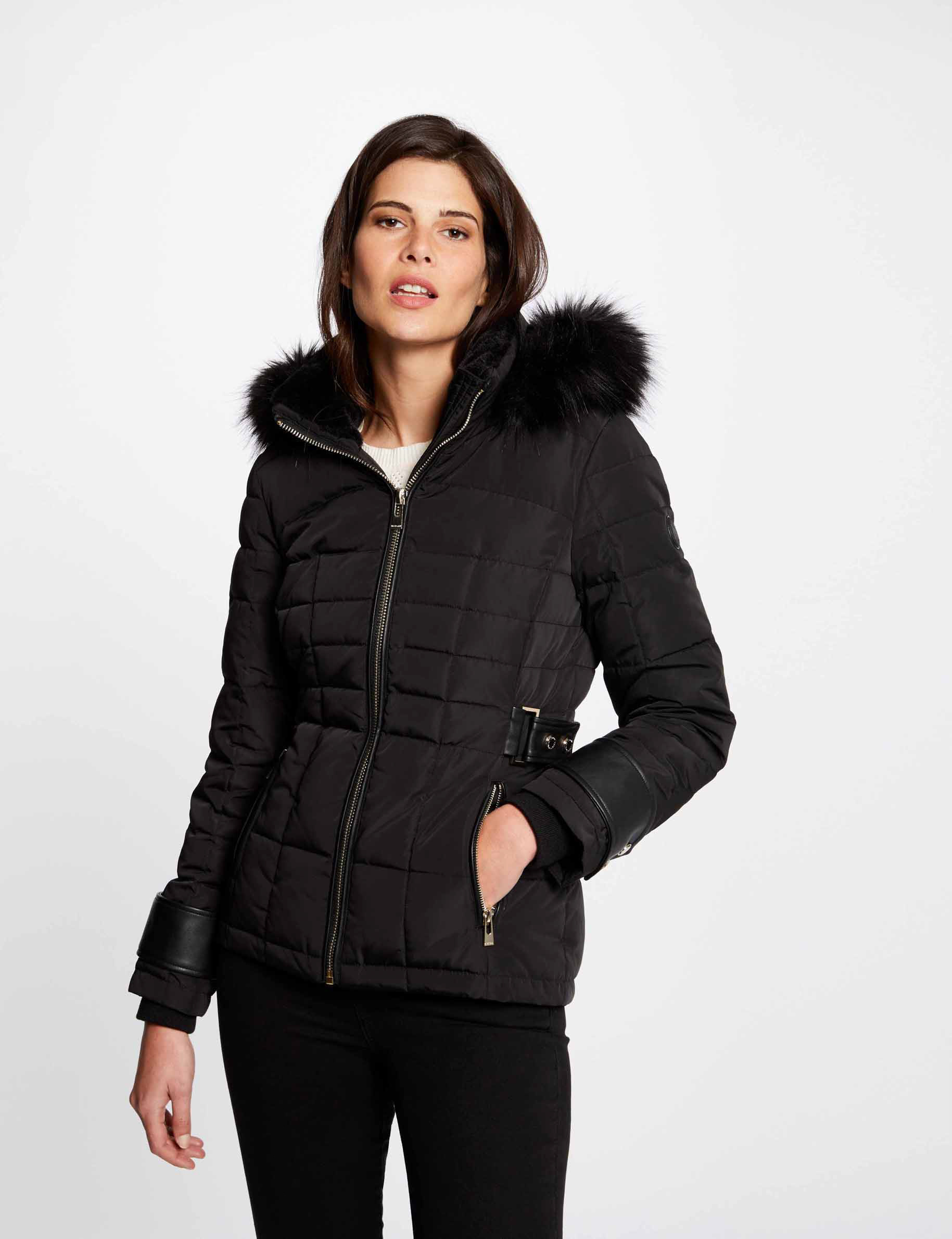 Straight padded jacket with hood black ladies' | Morgan