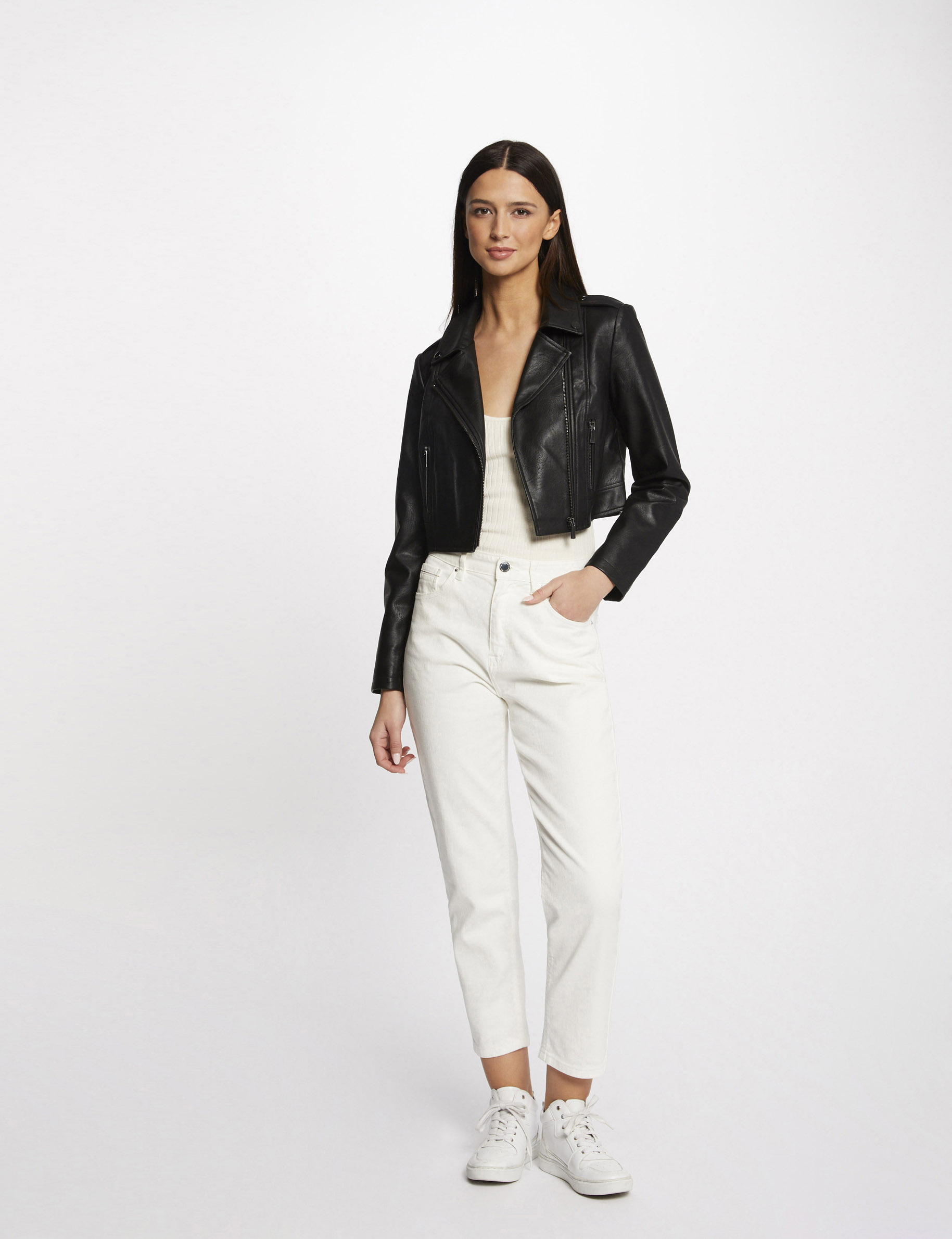 Faux leather straight zipped jacket black ladies' | Morgan